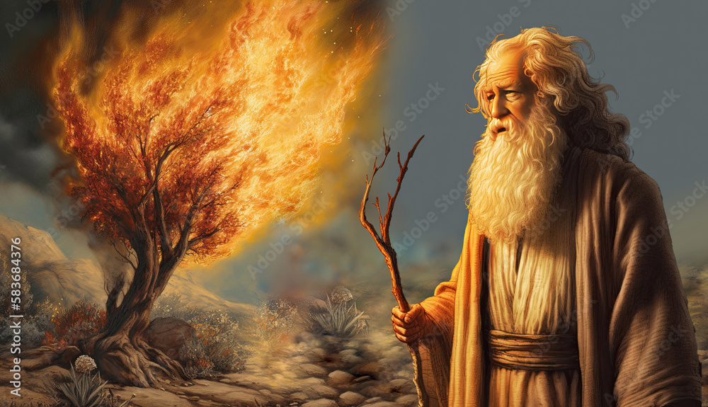 Moses and burning bush. Ai generated illustration. Stock Illustration ...