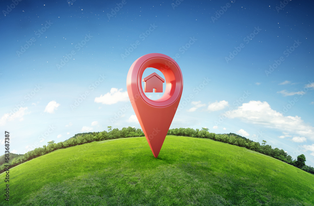 house symbol with location pin icon on earth and green grass in real ...