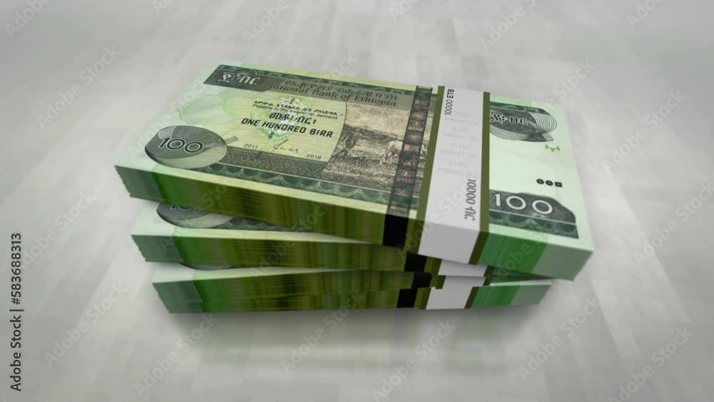 Ethiopia money. Ethiopian Birr banknotes pile pack. Concept background ...