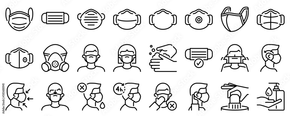 Line icons about wear mask on transparent background with editable ...