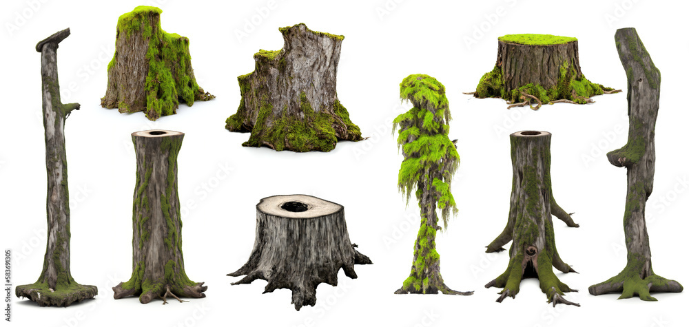 overgrown tree stumps, collection of old stubs with moss and lichen ...