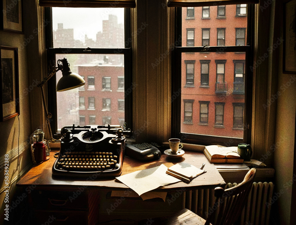 The office of a 1930s crime novelist with a view of Brooklyn in NYC ...