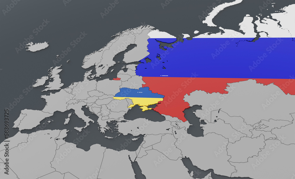 3d map of Europe with borders. Ukraine and Russia military conflict ...
