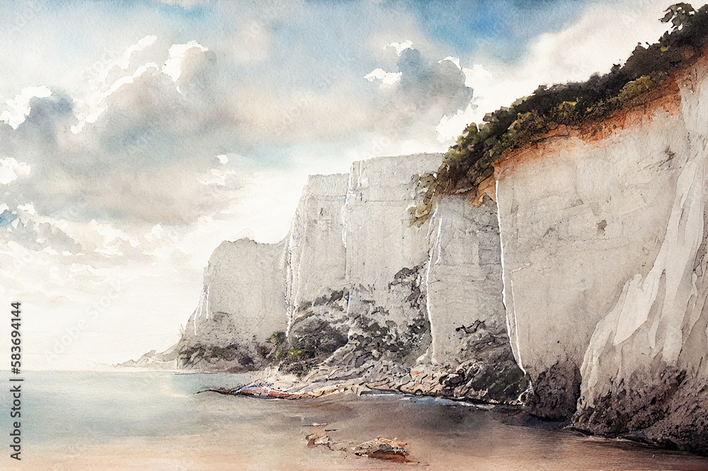 Watercolor Painting big chalk cliff, beautiful landscapes, seaside ...