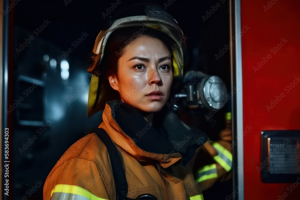 Asian female firefighter in uniform, confidently posing with a serious ...