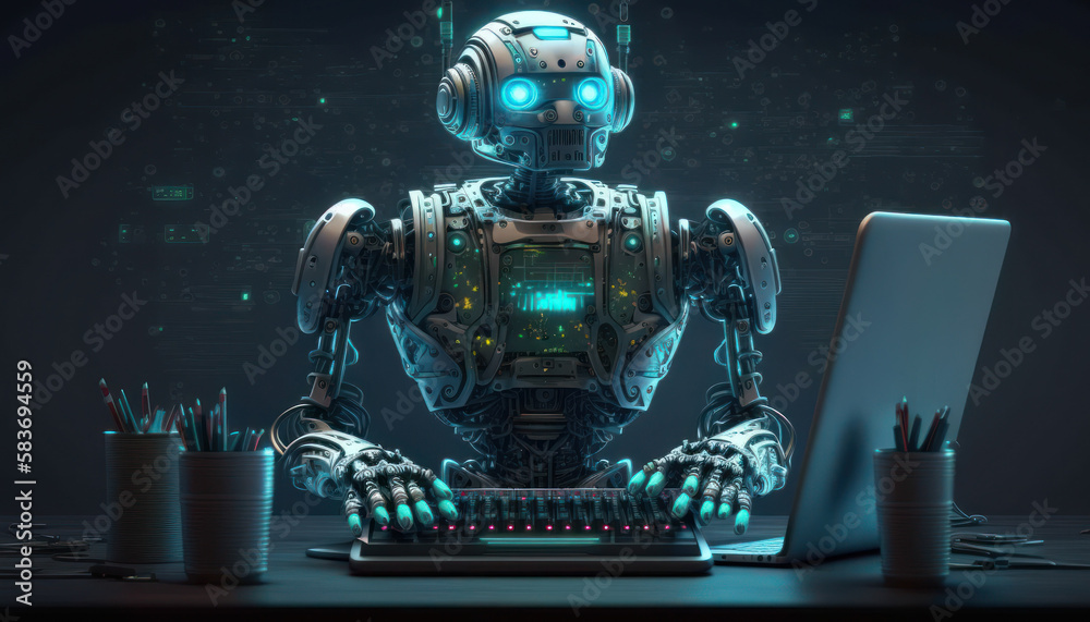 AI chatbot robot assistant sitting at desk using computer as artificial ...