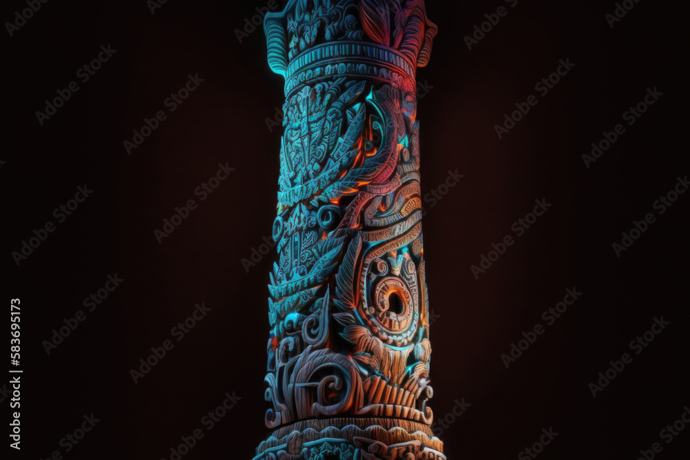black background, an indian torture stake shining in neon colors ...