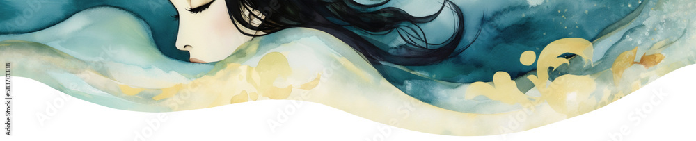 Dreaming Woman banner with blue ocean waves, clowd, sky, and stars ...