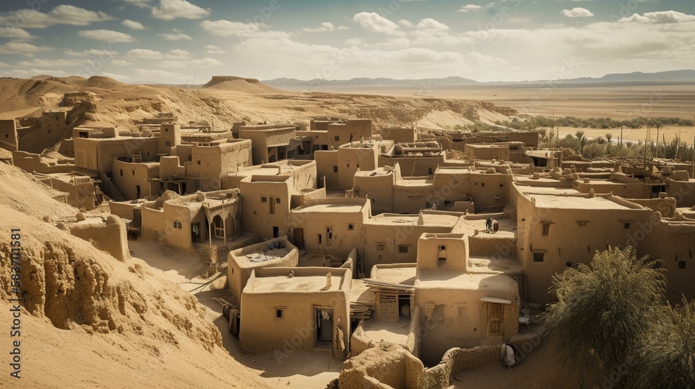 A small desert settlement with traditional mud-brick homes and winding ...