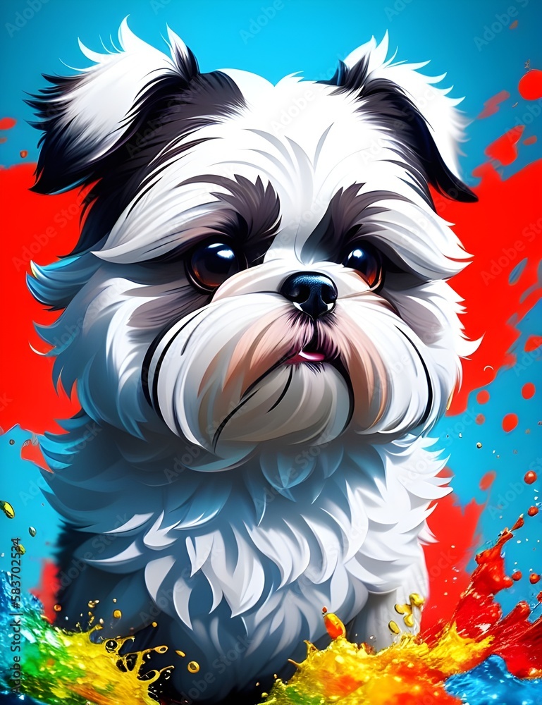 Bellissimo cane di razza Shih Tzu bianco e nero, con sfondo colorato ...