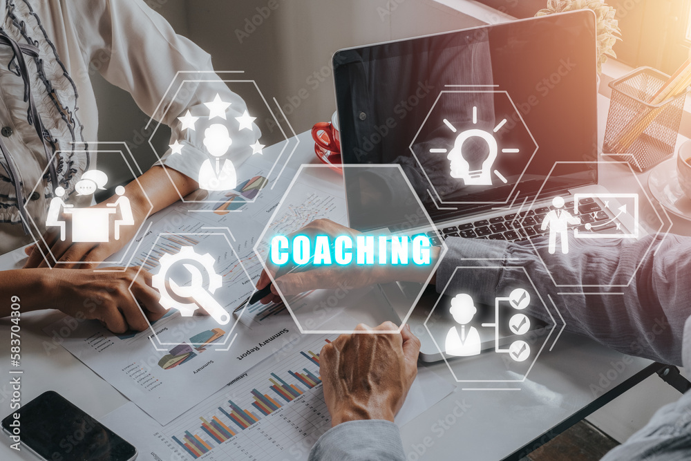 Coaching concept, Business person team working on laptop computer with ...