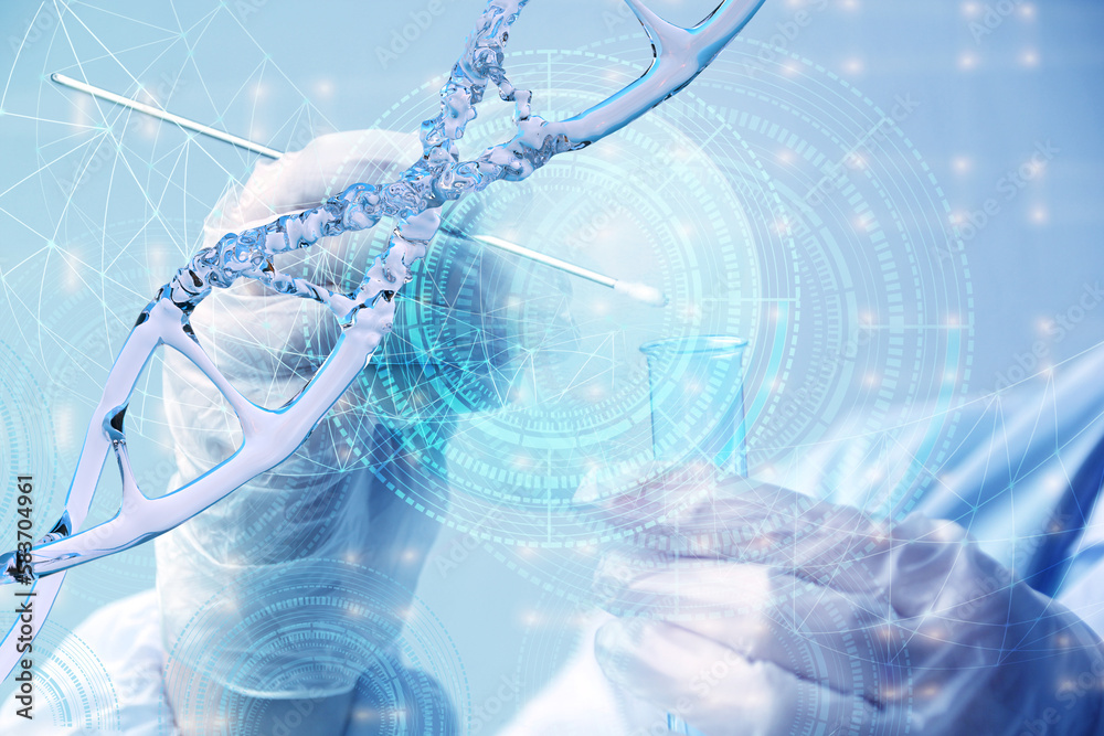 human dna structure, scientist, doctor holds laboratory test tube and ...