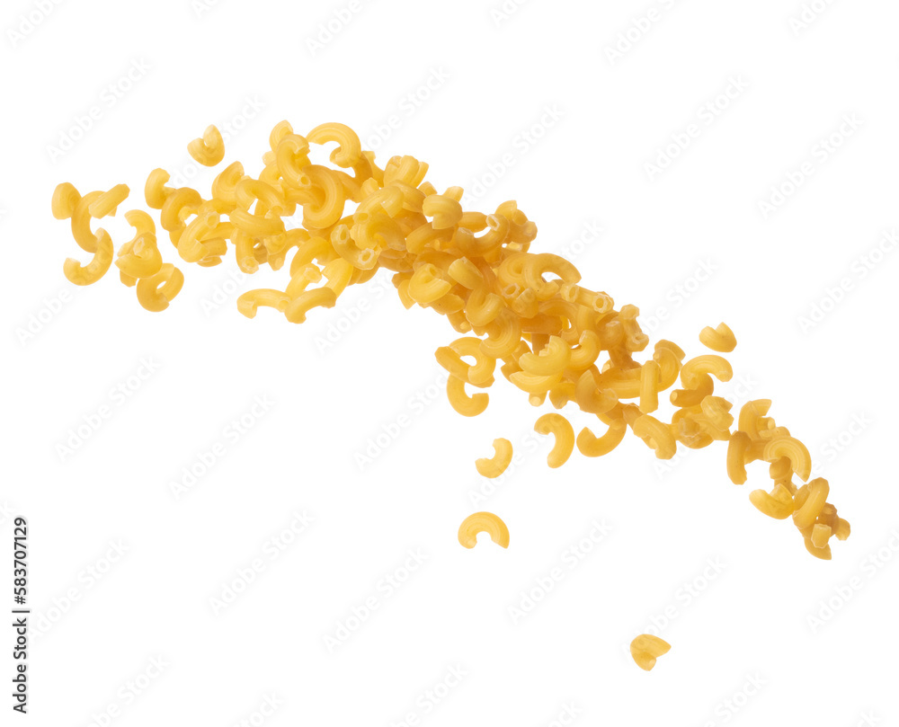Macaroni flying explosion, yellow macaronis pasta float explode ...