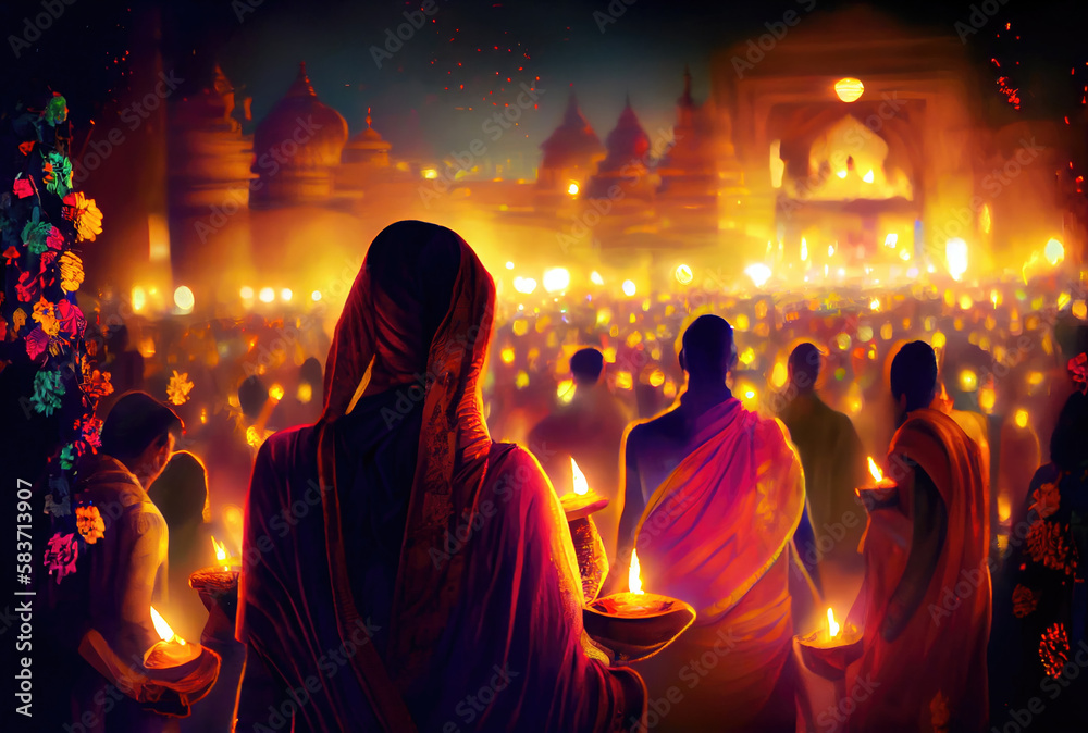 Indian crowd people in the Diwali the festival of lights in the night ...