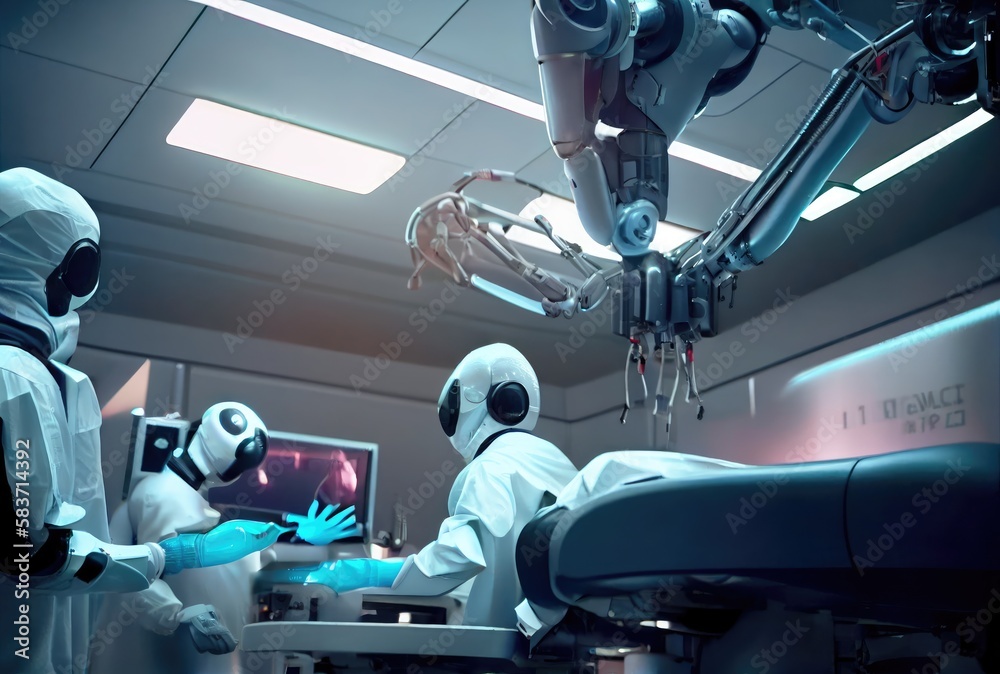 Surgical robot in operation room at modern hospital background. Medical ...