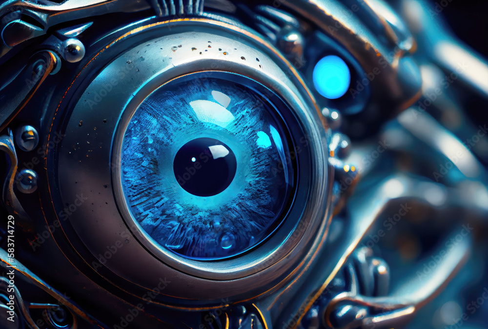 Closeup of blue robot eyes with metallic structure background ...
