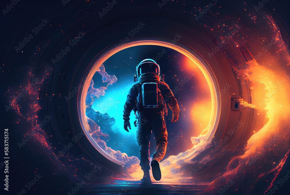 Astronaut is escaping from the void in the space with a warp portal ...