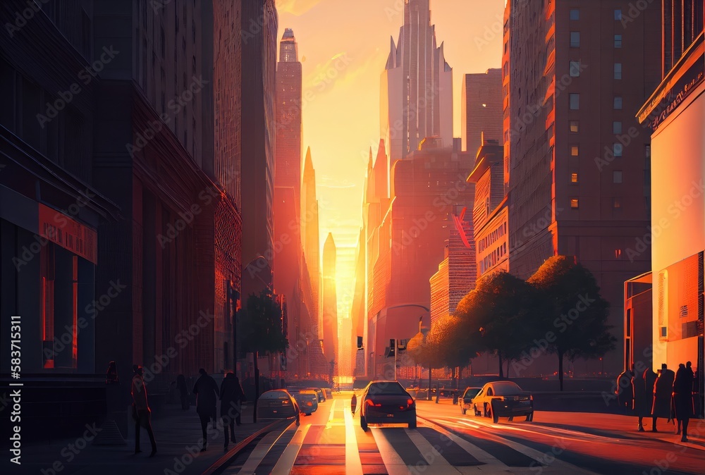 Beautiful cityscape view with sunlight in the sunset background ...