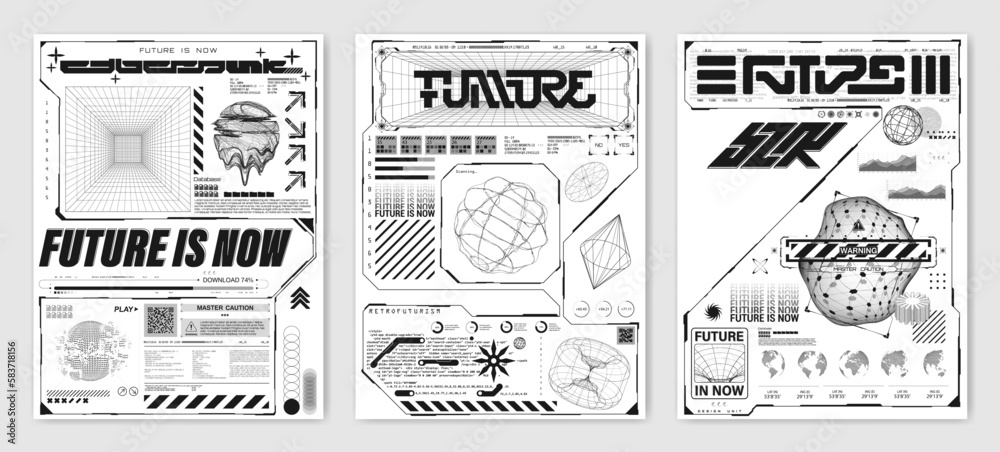 Techno poster template in cyberpunk style. Retrofuturistic mockups ...