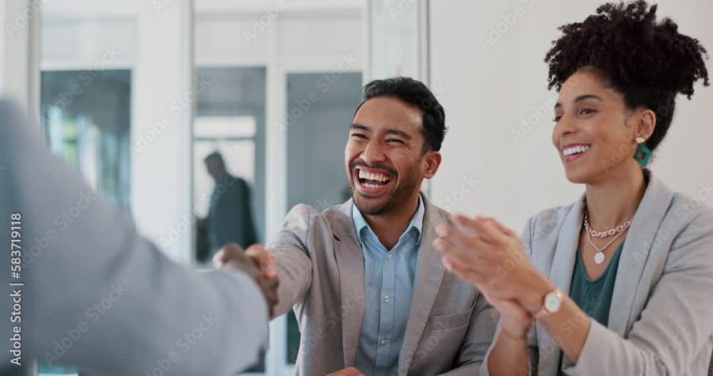 Applause, meeting and business people shaking hands in partnership ...