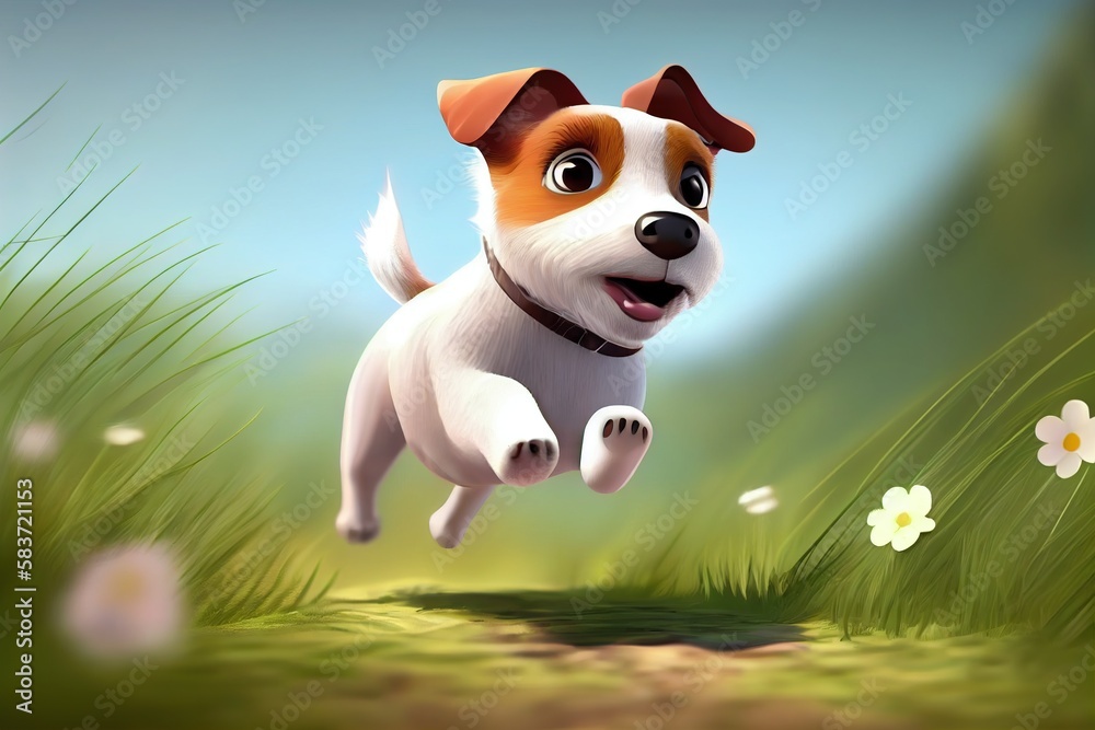 Cute 3d Cartoon Jack Russell Terrier Dog Running through a Meadow ...