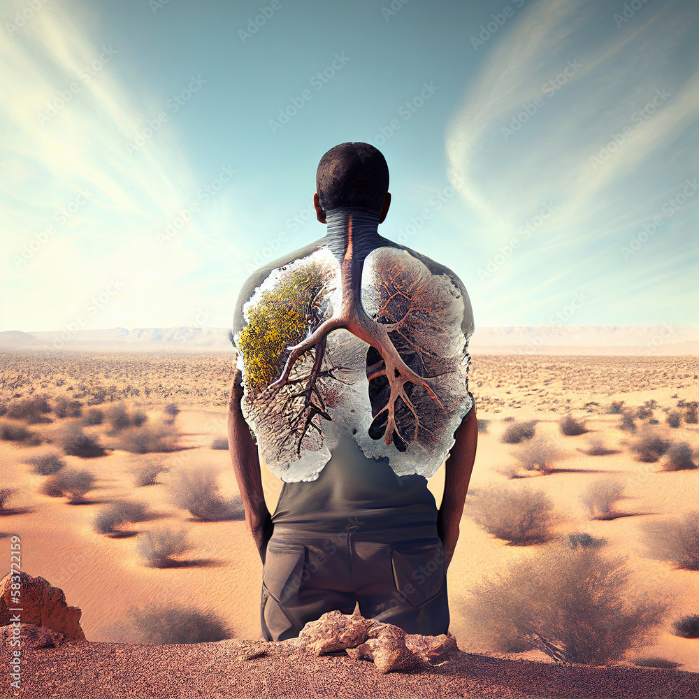 Rear view of male human with external lungs breathing fresh air on the ...