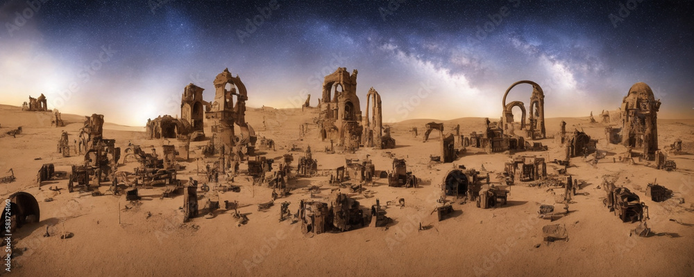 Landscape of the night sky over the ancient steampunk fantasy ruins of ...