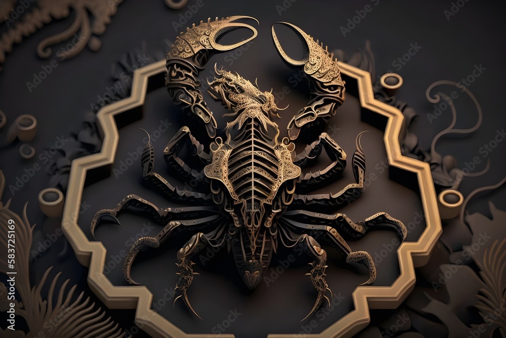 the image of a portrait of cancer, the zodiac sign, gold and black ...