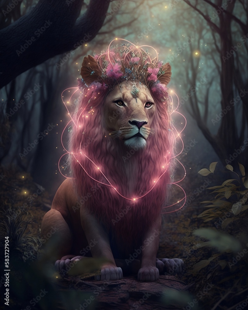 lioness wearing a pink glowing crown, lion in the night, fantasy ...