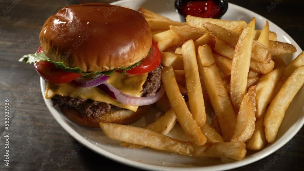 Full diner plate of Cheeseburger and french fries, slider close up 4K ...