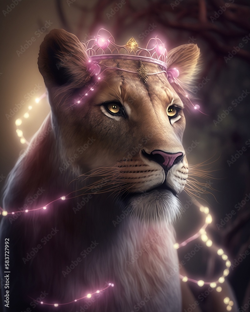 lioness wearing a pink glowing crown, lion in the night, fantasy ...