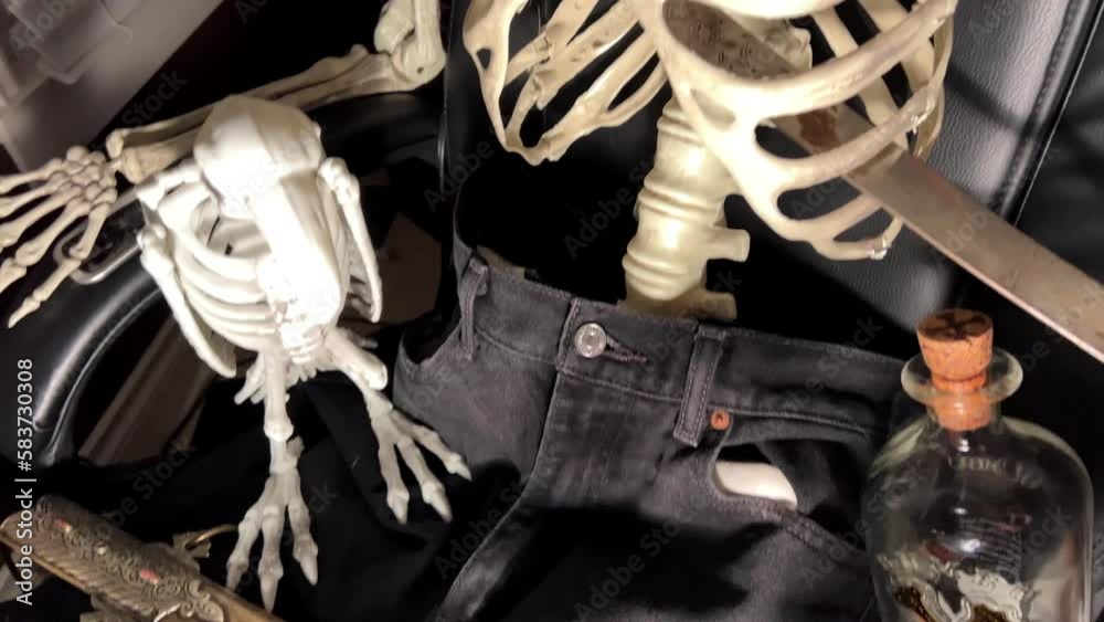 Vidéo Stock The skeleton is sitting on a chair he has an inserted eye ...