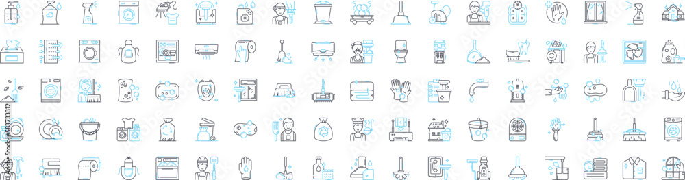 Cleaning vector line icons set. Scrubbing, Polishing, Washing, Sweeping ...