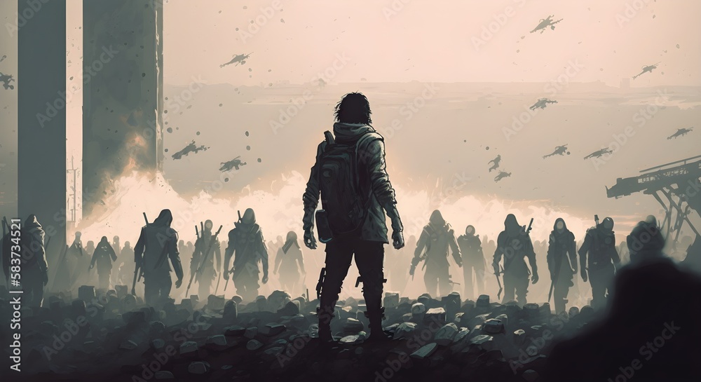 man with weapons facing a crowd of zombies against post apocalypse ...