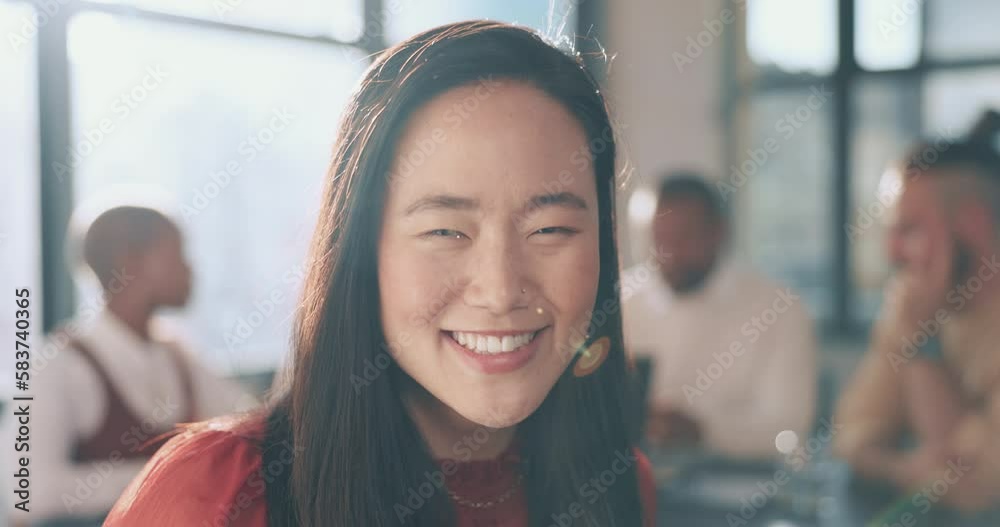 Face, team work or Japanese woman in a meeting planning a advertising ...