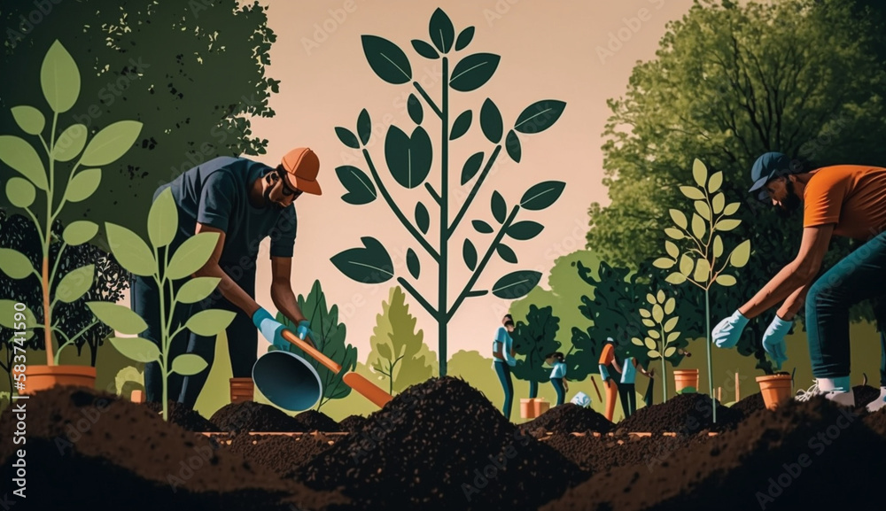 men are planting trees and watering them to help increase oxygen in the ...