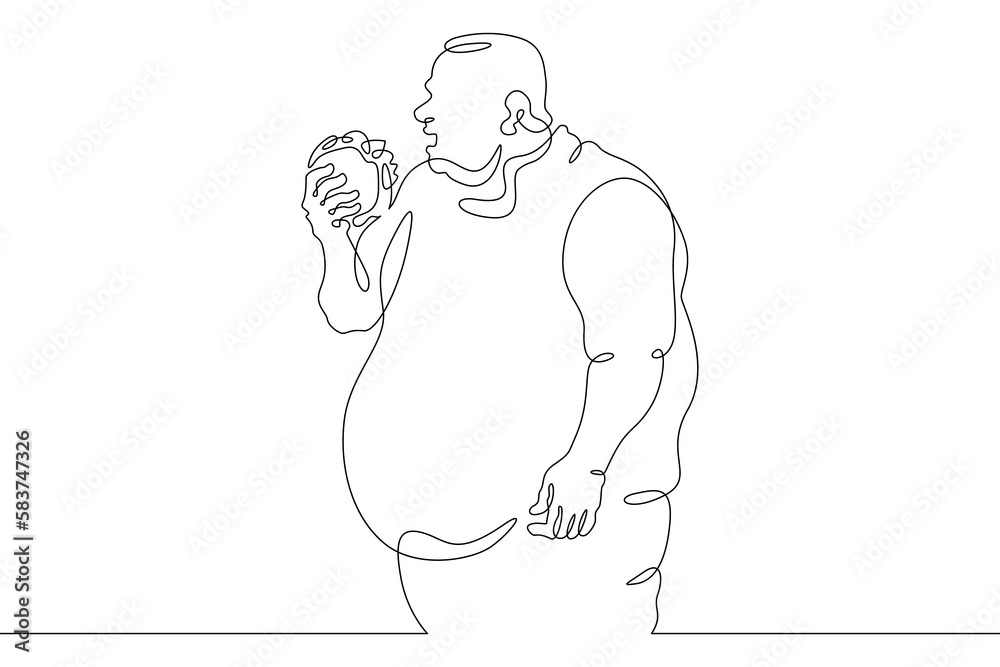 One continuous line. Fat man eats. Fat man having lunch. Obesity ...