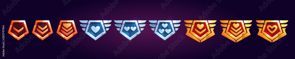 Insignia military game love rank badge with heart set. Isolated cartoon ...