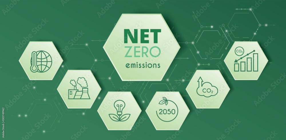 Net zero and carbon neutral concept. Hexagon banner on green background ...