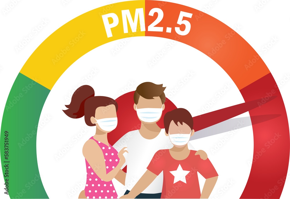 PM2.5 particulate matter. Family wearing face mask with PM2.5 aerosol particles, particulate ...