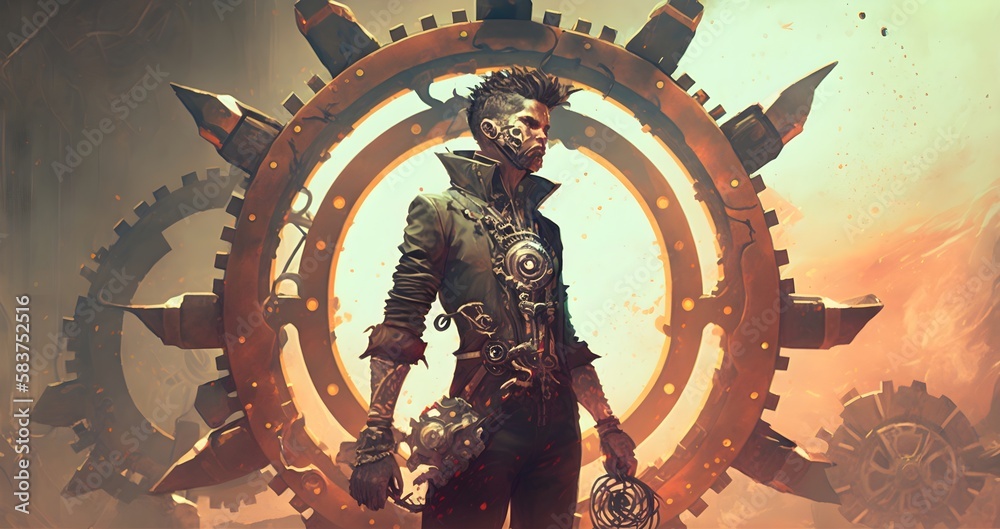 cyborg man standing on cogs gears wheels steampunk elements background ...