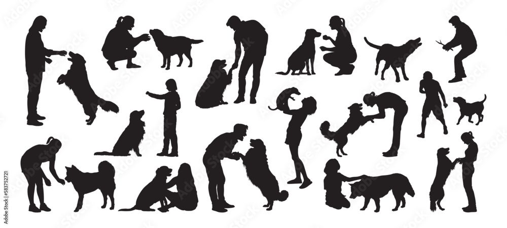 People playing with dog various collection set vector silhouette. Stock ...