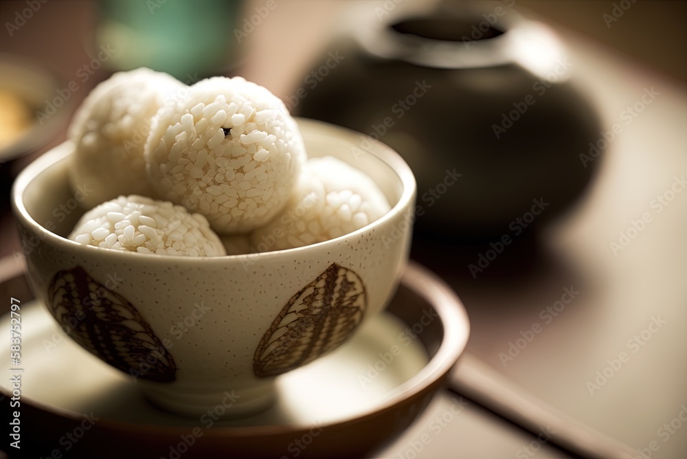 Chinese restaurant table with a closeup of a dish of sticky rice balls ...