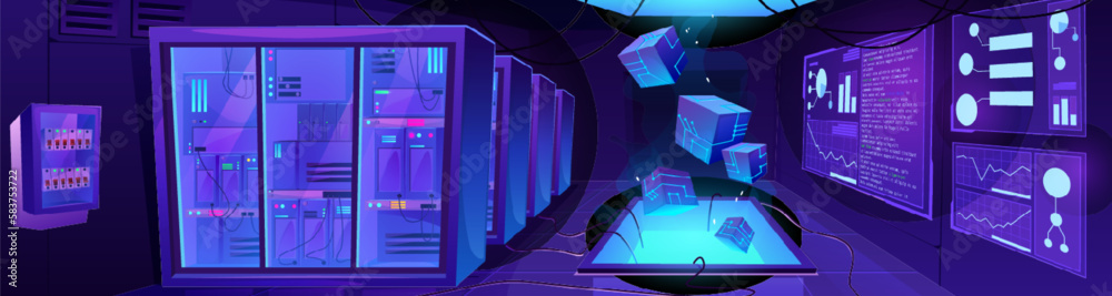 Data center room interior with server equipment. Vector cartoon ...