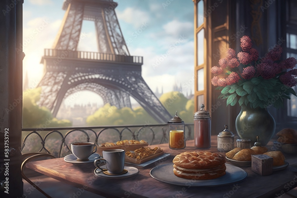 Breakfast in Paris. Table with cake and coffee on the balcony with view ...