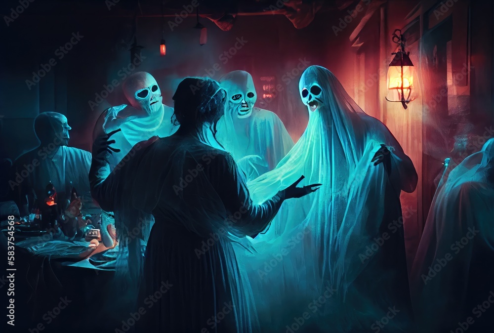 Crowd people celebrate the Halloween day party by dressing up in ghost ...