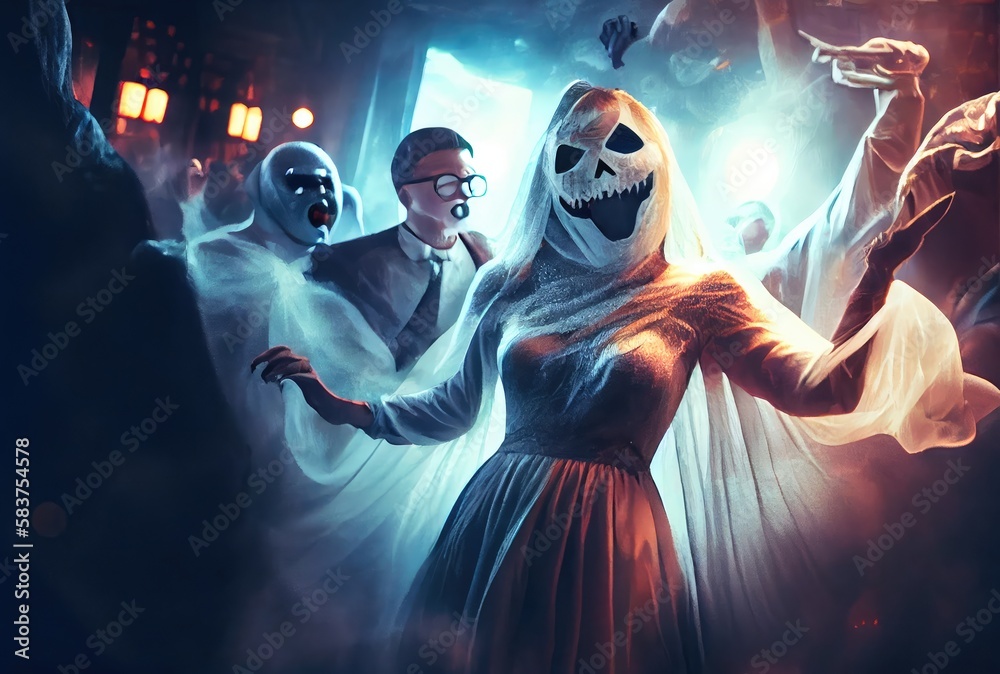 Crowd people celebrate the Halloween day party by dressing up in ghost ...