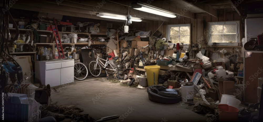 An illustration of a very messy and dirty garage of a hoarder that ...