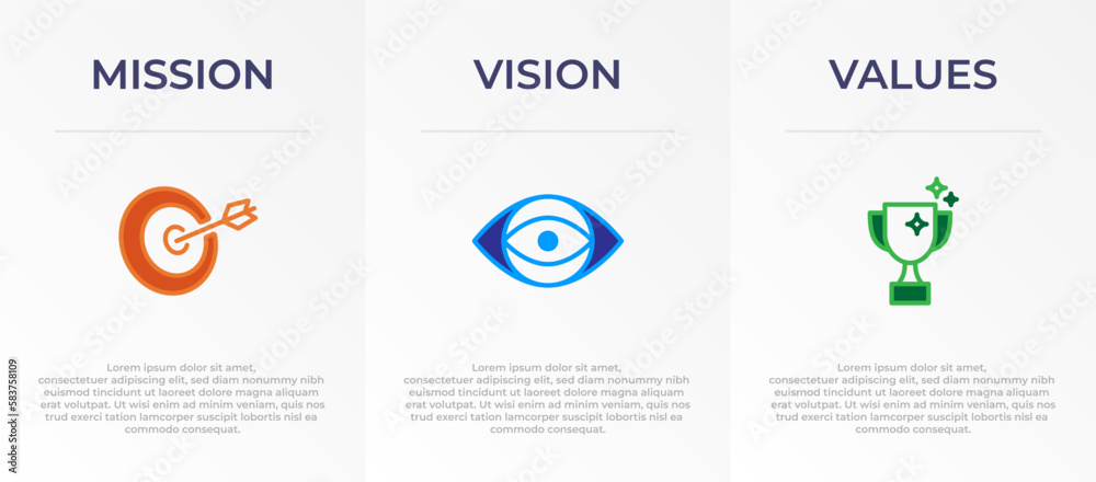 Mission, Vision and Values Infographic Vector template banner design. 3 ...