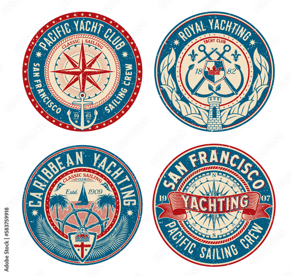 Yacht club retro patch, regatta badge and marine boat crew vector ...